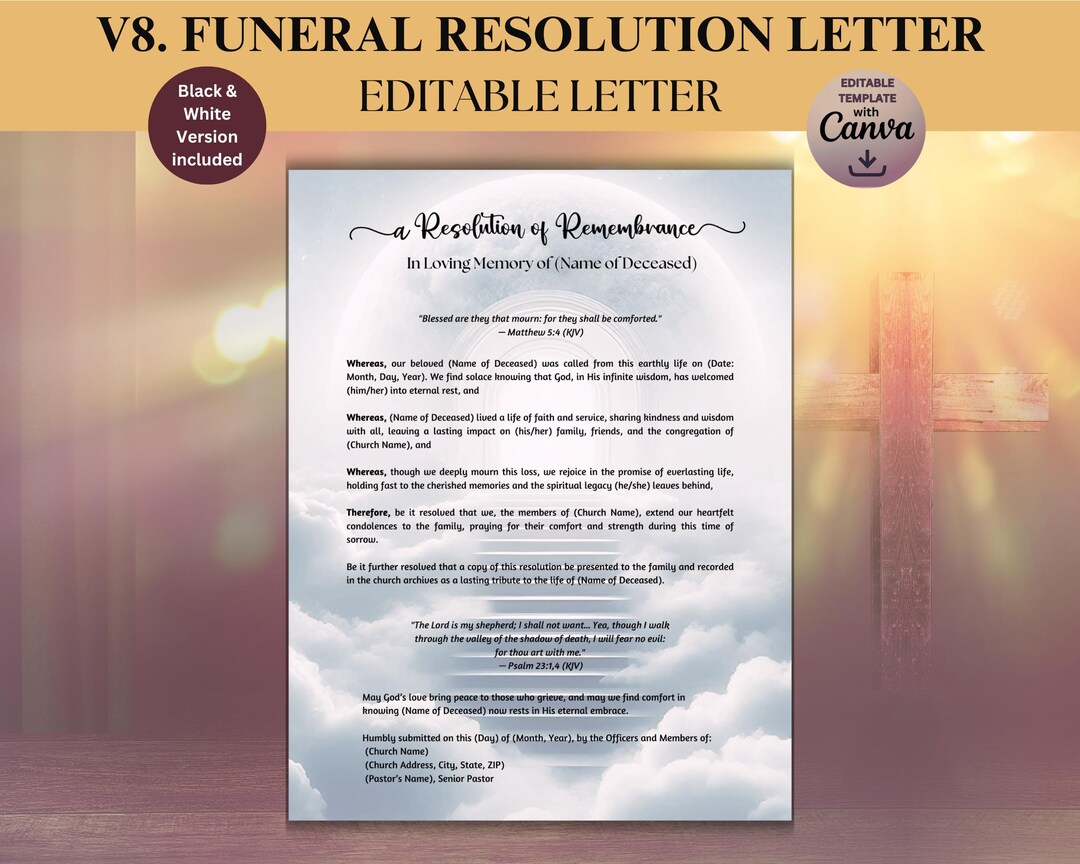 Funeral Resolution Letter of Remembrance, Editable Letter Template for ...