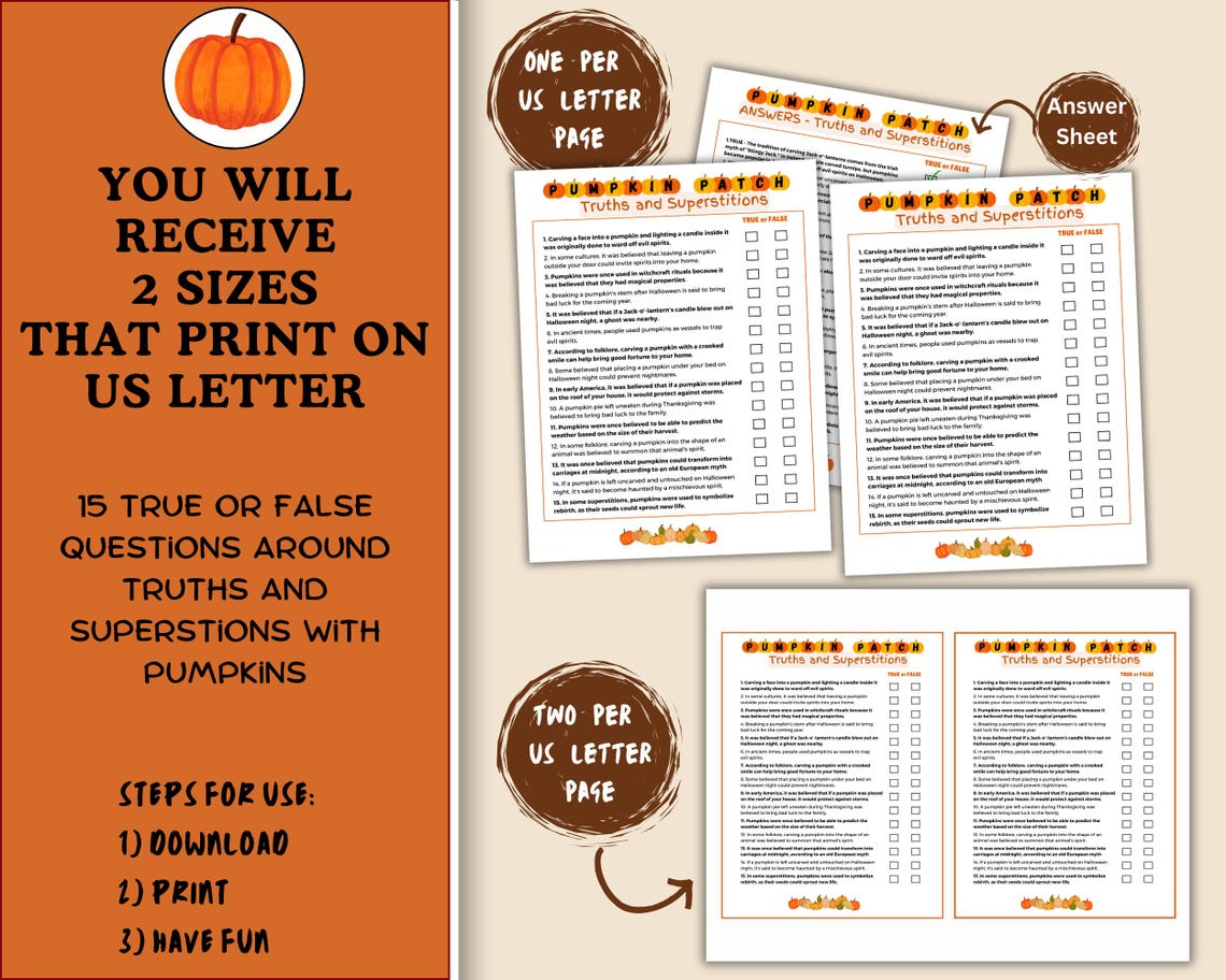 Pumpkin True or False, Printable Pumpkin Trivia Game, Thanksgiving ...