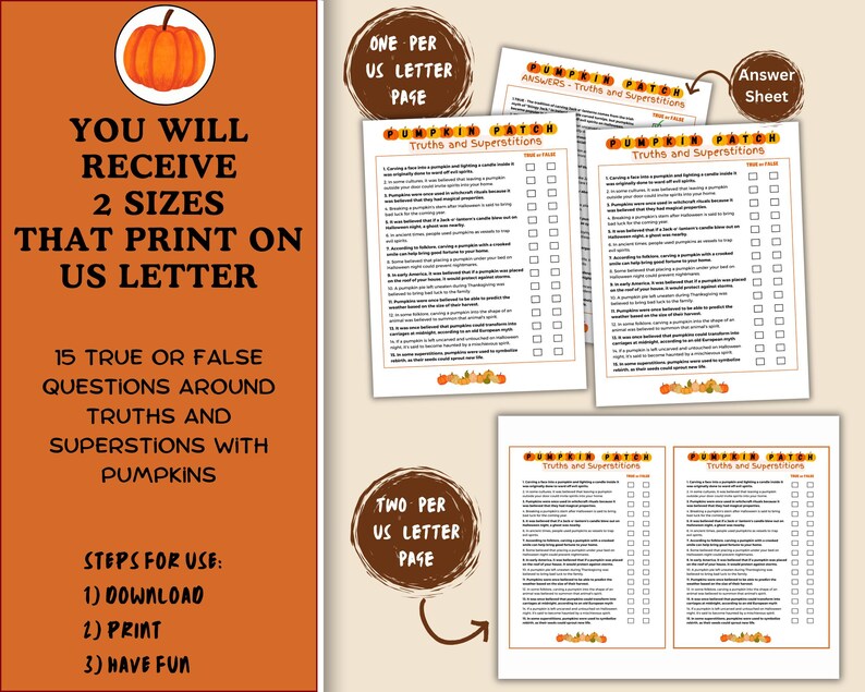 Pumpkin True or False, Printable Pumpkin Trivia Game, Thanksgiving ...