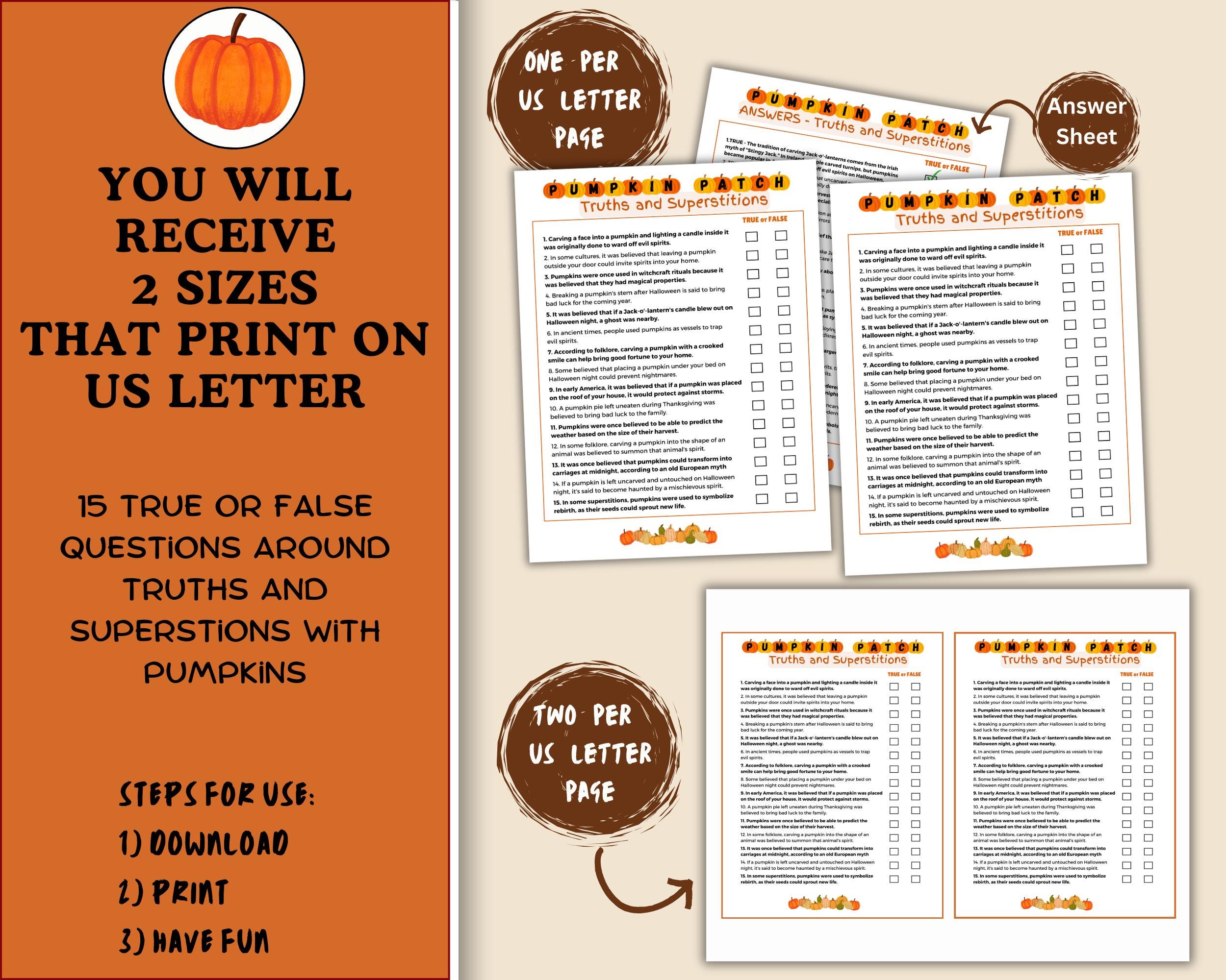 Pumpkin True or False Game, Printable Pumpkin Trivia Game, Thanksgiving ...