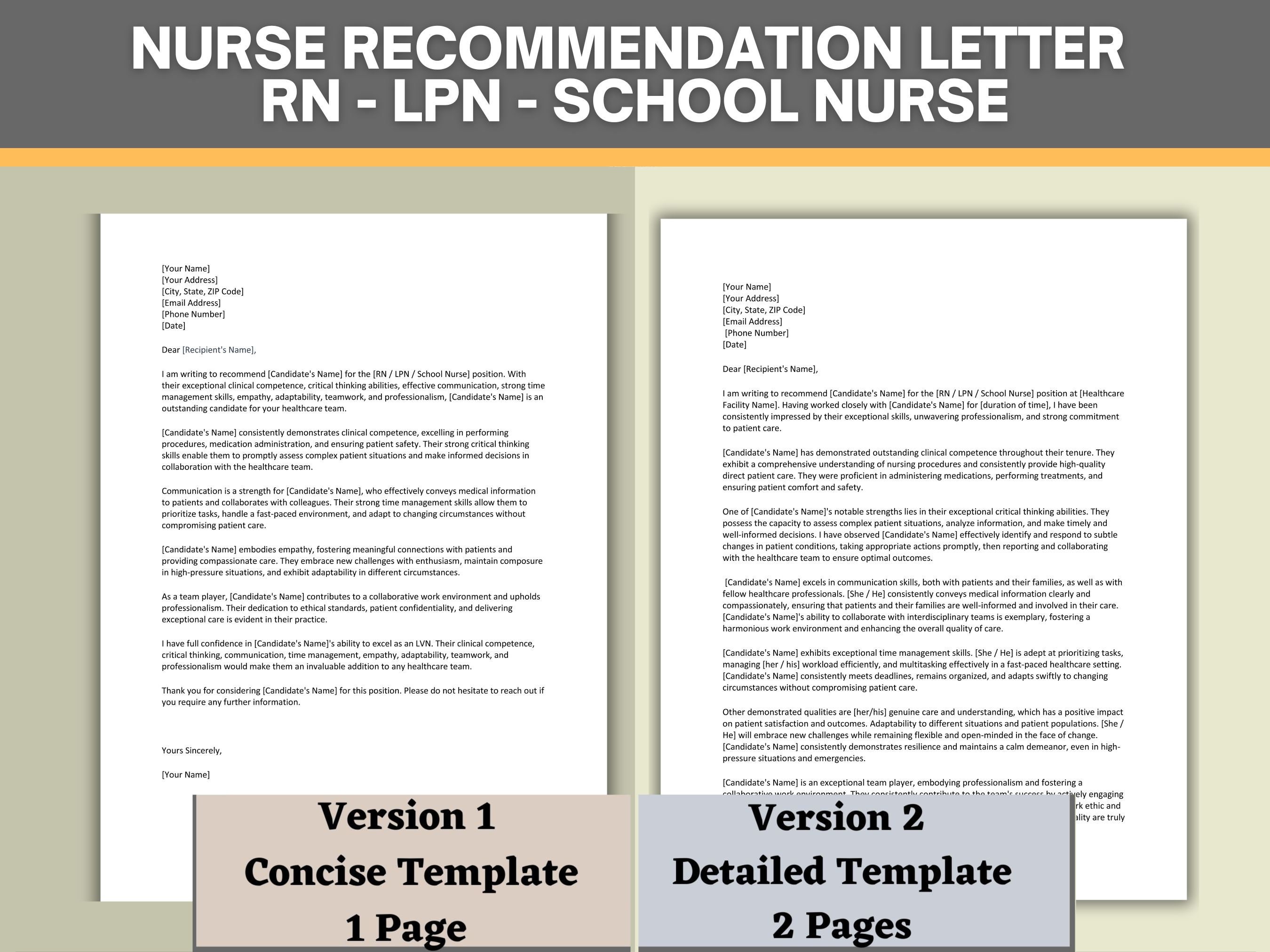Nurse Letter of Recommendation Template for RN, LPN or School Nurse ...