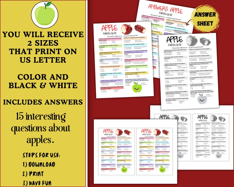 Apple Trivia Game, Printable Trivia Games, Thanksgiving Holiday Game ...