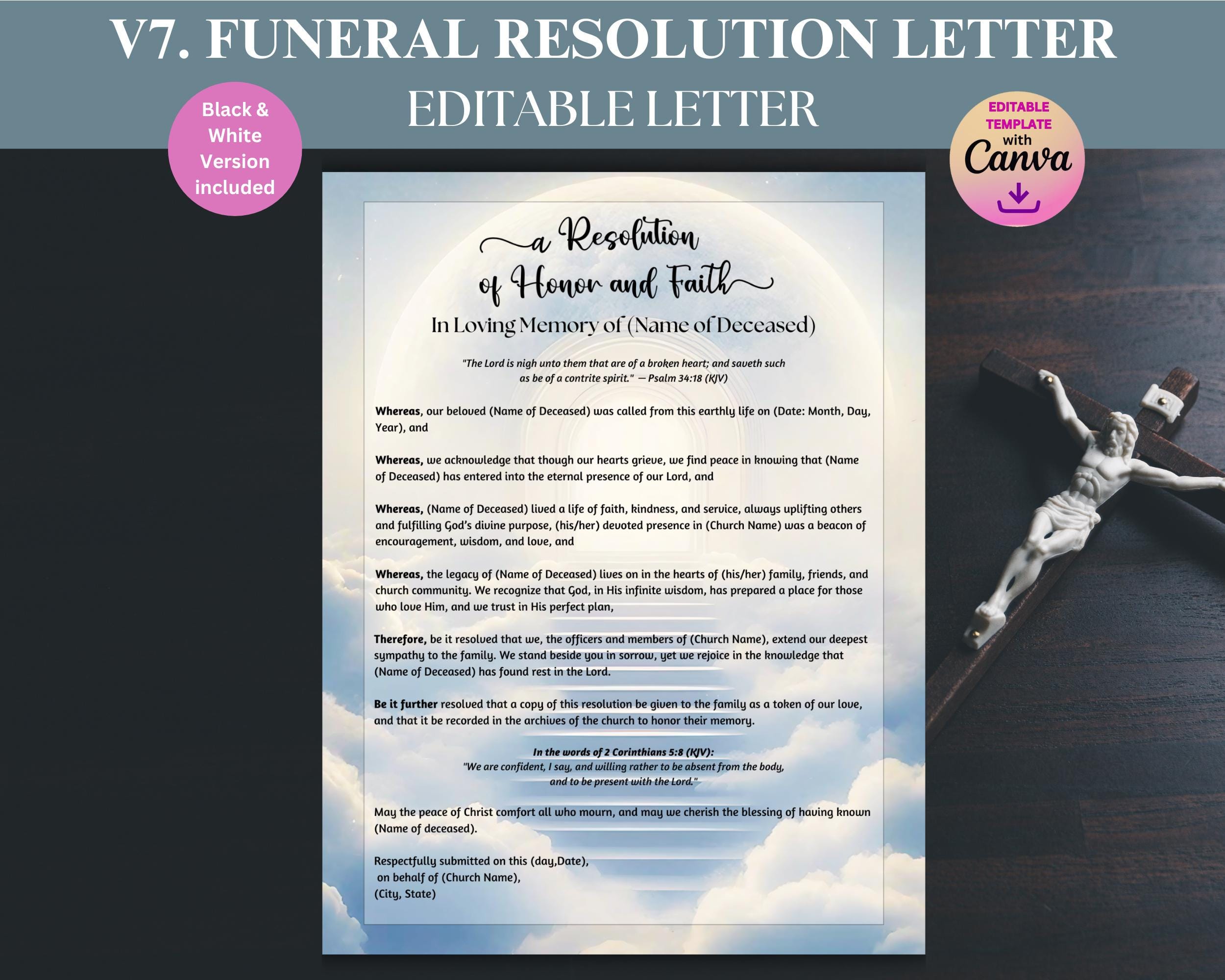 Funeral Resolution Letter of Honor and Faith, Editable Letter Template ...