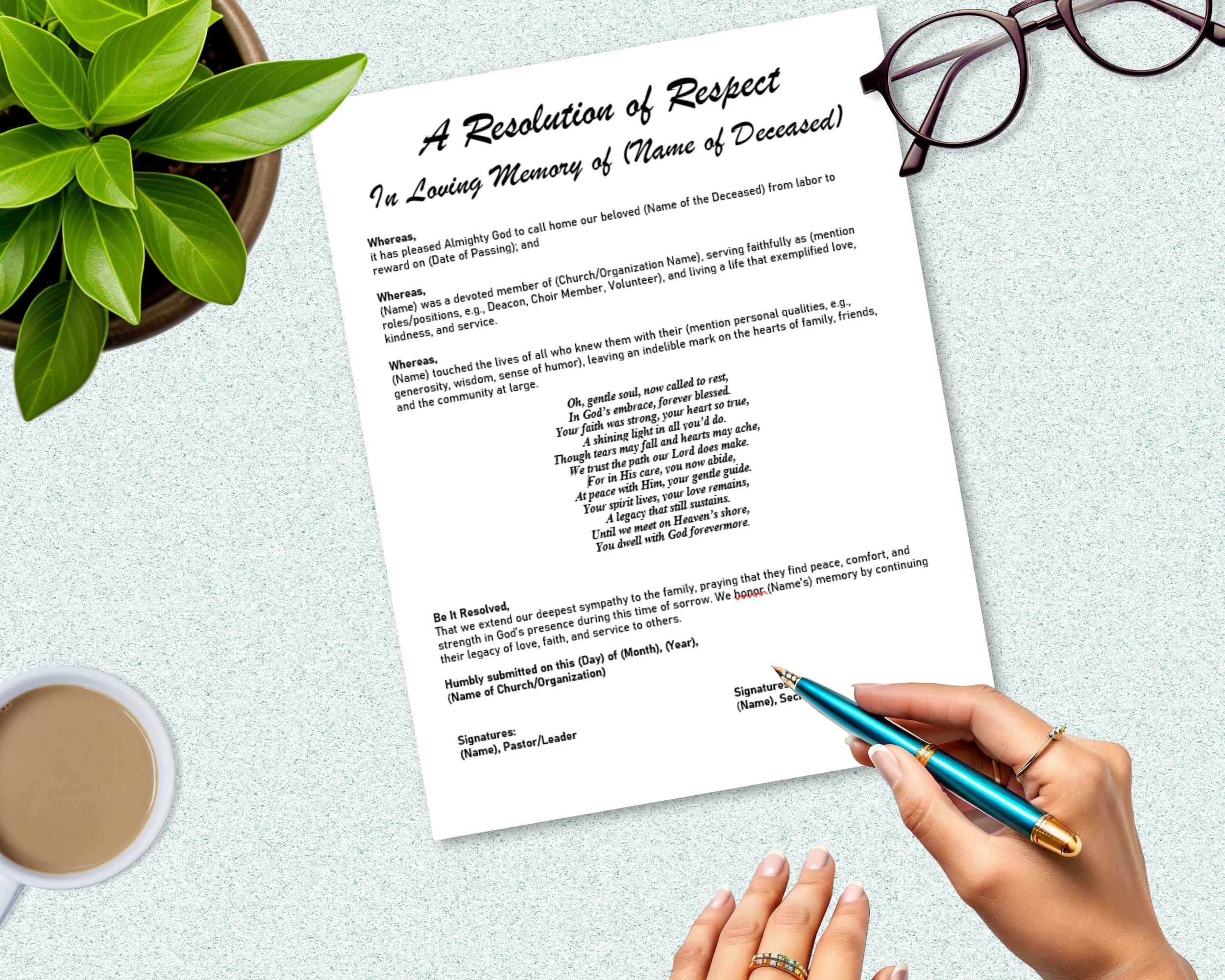 Editable Funeral Resolution Letter of Respect, in Loving Memory Of, a ...
