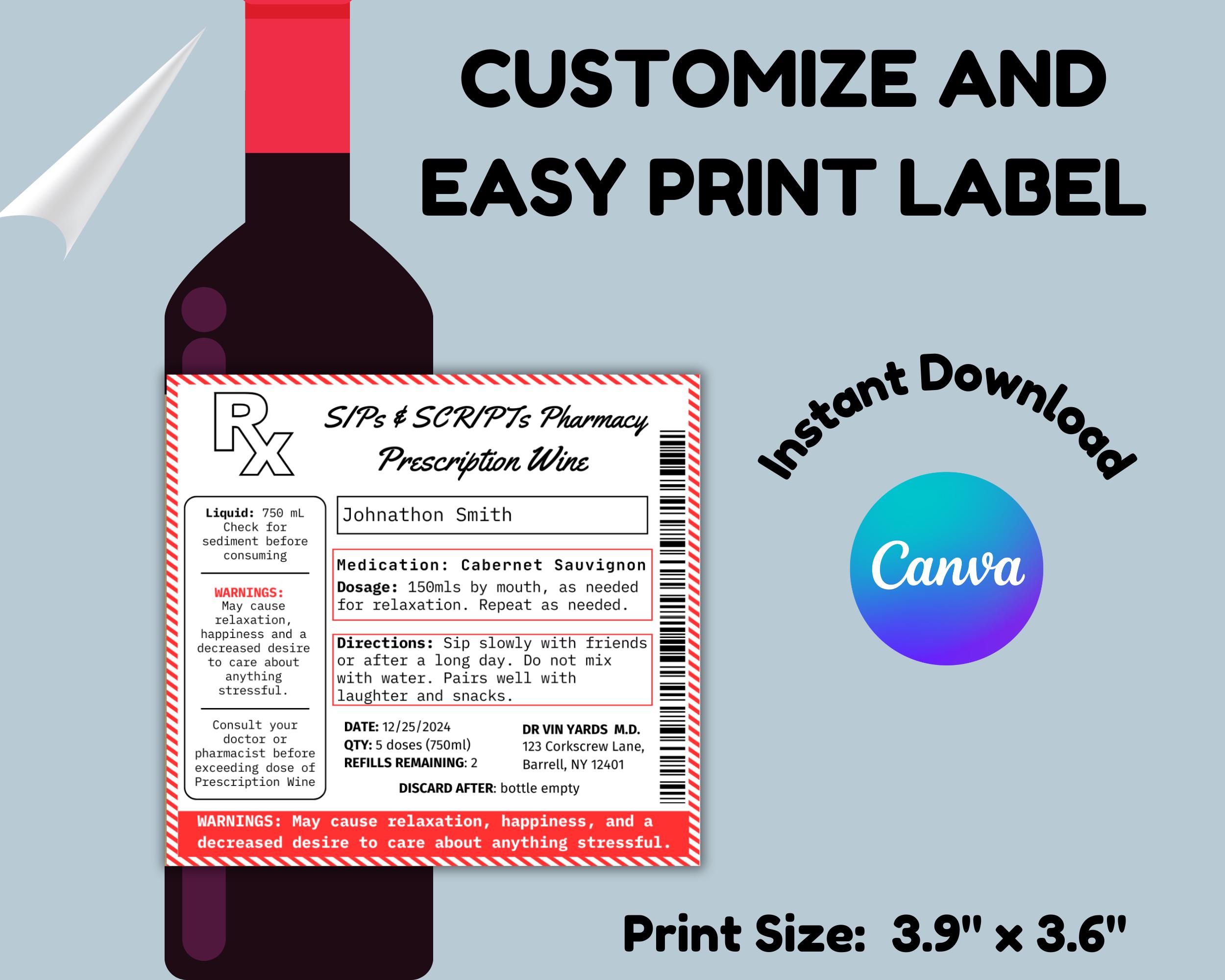 Editable Prescription Wine Label Gag Gift, Wine Bottle Label Template ...