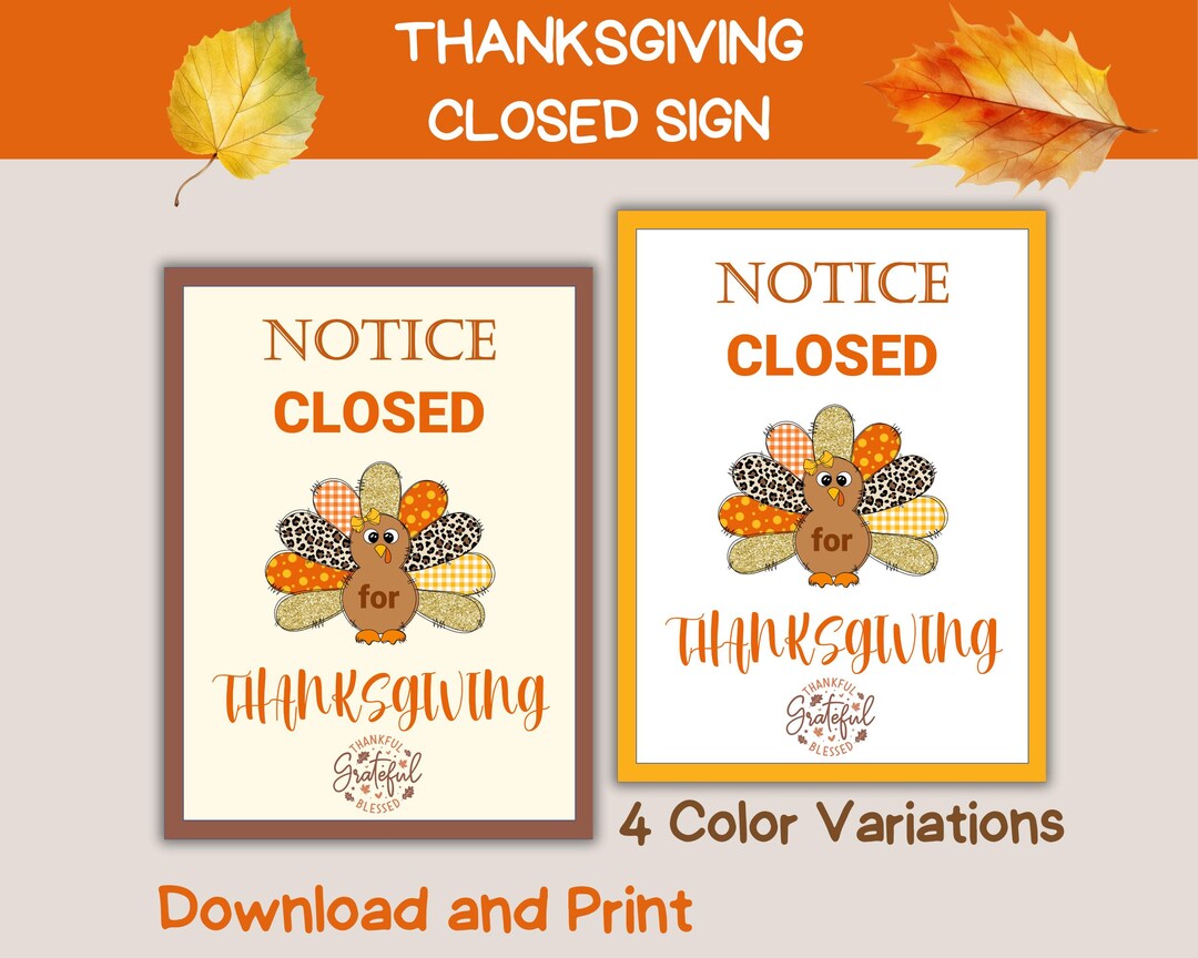 Closed Thanksgiving Sign, Printable Office Sign for Door, Business ...