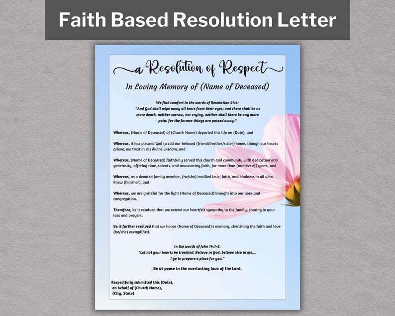 Editable Funeral Resolution Letter for Funeral Service, Resolution ...
