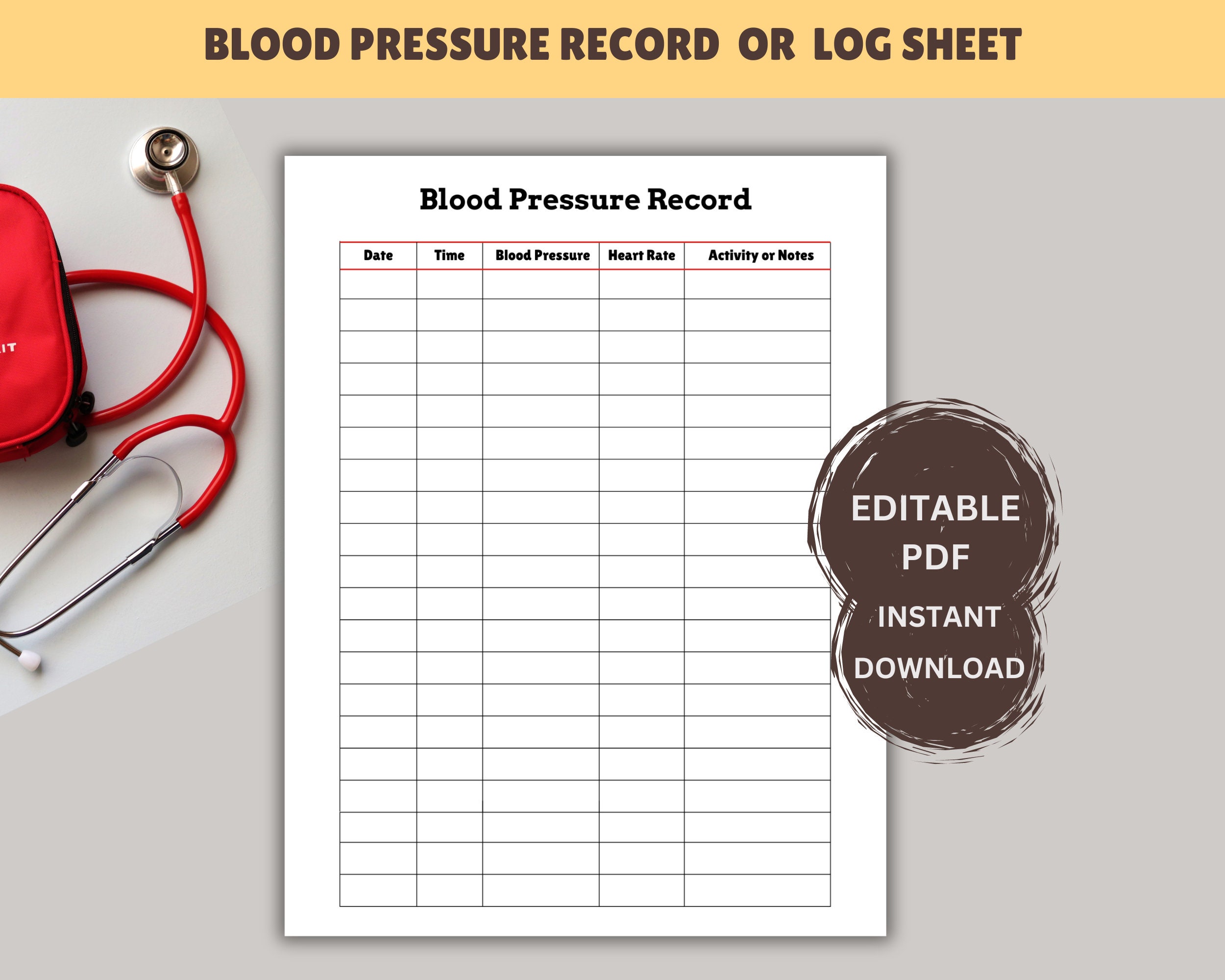 Editable Blood Pressure Log, Printable Blood Pressure Record, Monitor ...