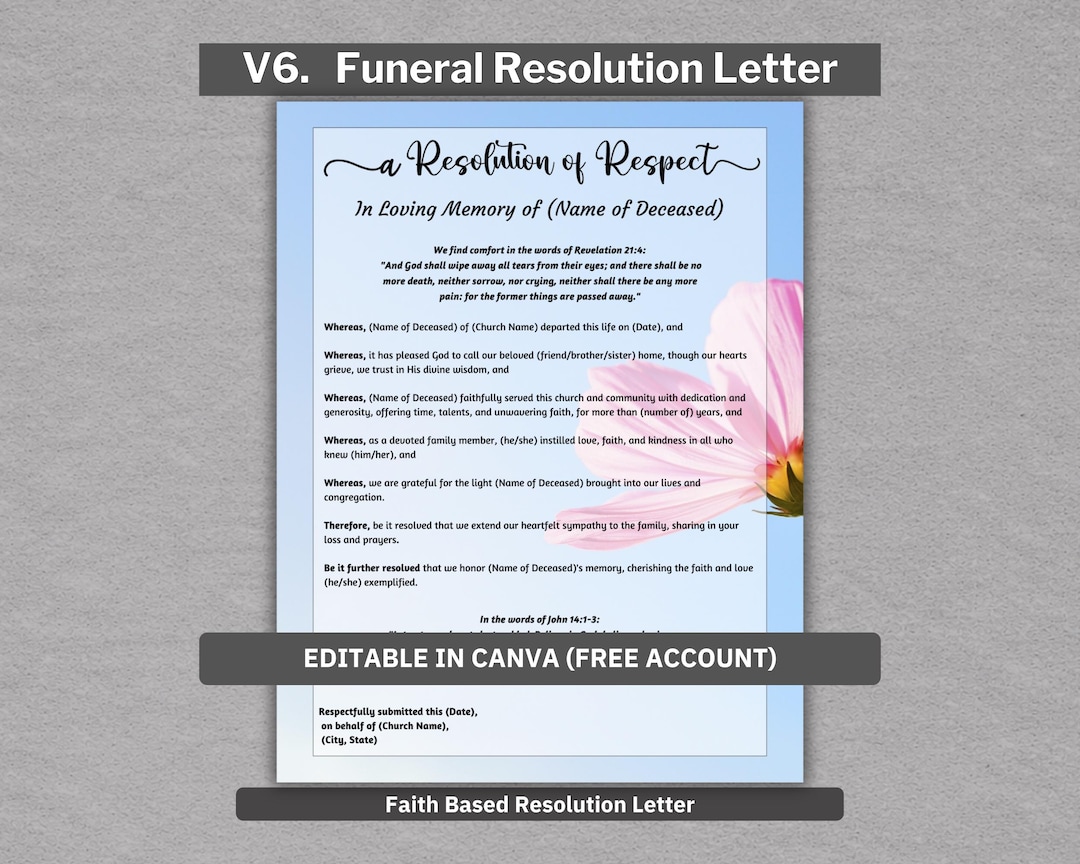 Editable Funeral Resolution Letter for Funeral Service, Resolution ...