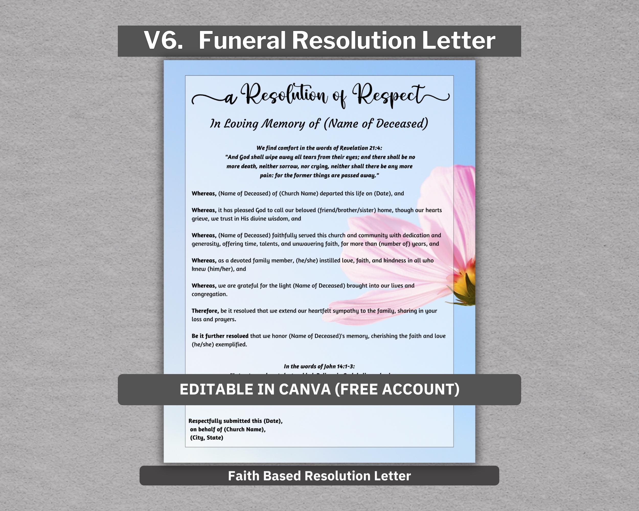 Editable Funeral Resolution Letter for Funeral Service, Resolution ...