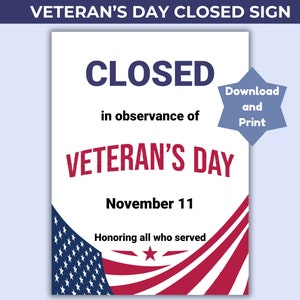 Veteran's Day Printable Closed Sign for Door, Closed on Veteran's Day ...