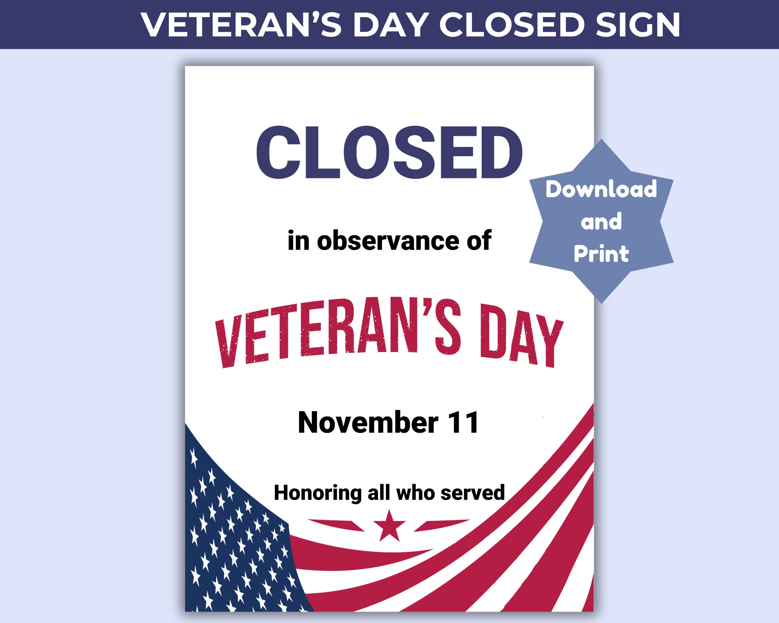 Veteran's Day Printable Closed Sign for Door, Closed on Veteran's Day ...