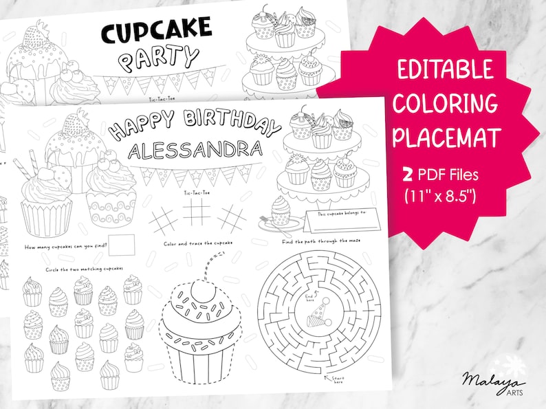 Editable Birthday Coloring Placemat (cupcake Themed) - Printable PDF - Etsy