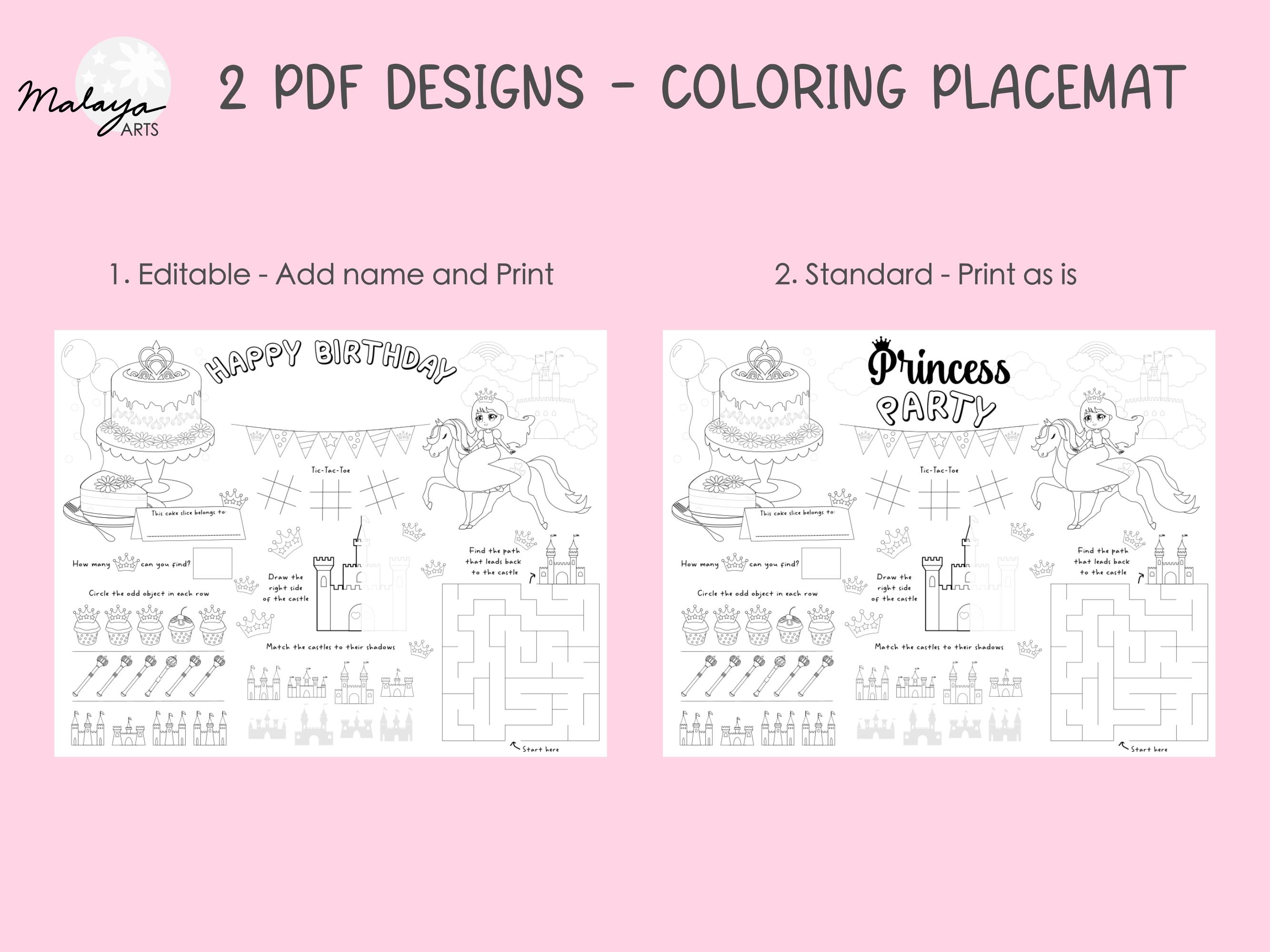 Editable Birthday Coloring Placemat (princess Themed) - Printable PDF ...