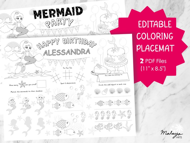 Editable Birthday Coloring Placemat (mermaid Themed) - Printable PDF - Etsy