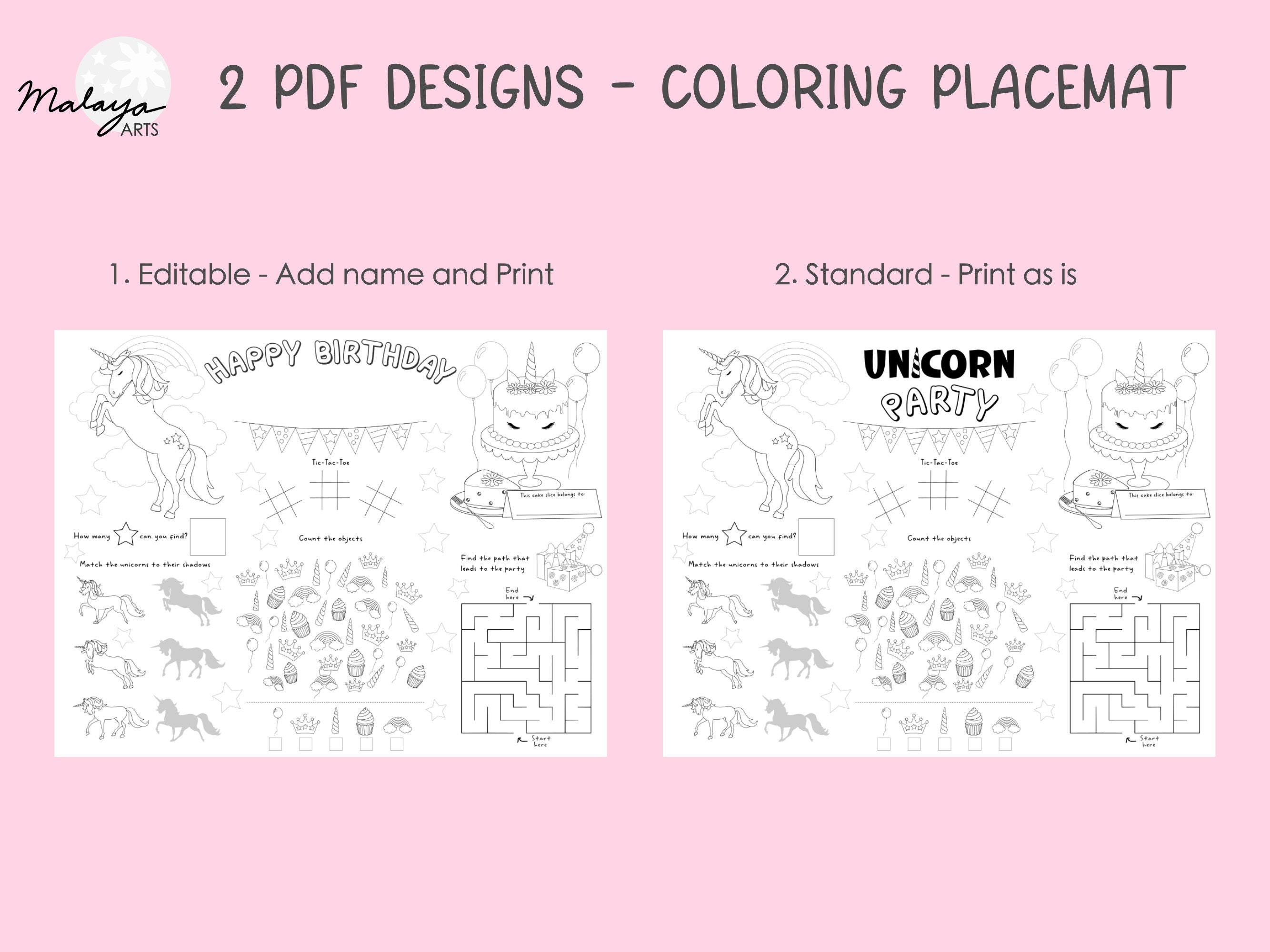 Editable Birthday Coloring Placemat (unicorn Themed) - Printable PDF - Etsy