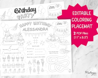 Kids Birthday Placemat, Cake and Ice Cream Coloring Mat, Template ...