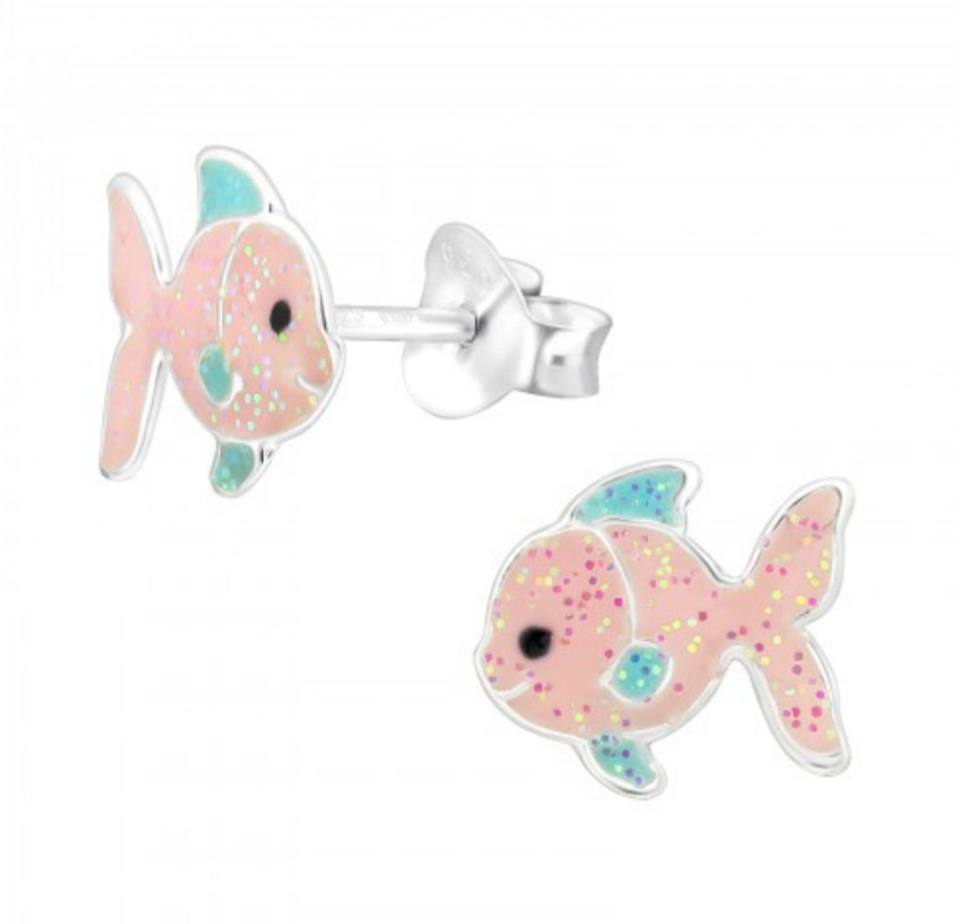 Sterling Silver Pink Glittery Fish Earrings - Etsy