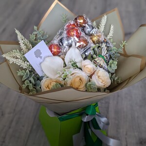 Chocolate Bouquet Handtied Mixed Lindt Green Silk Flowers Bouquet Gift ...