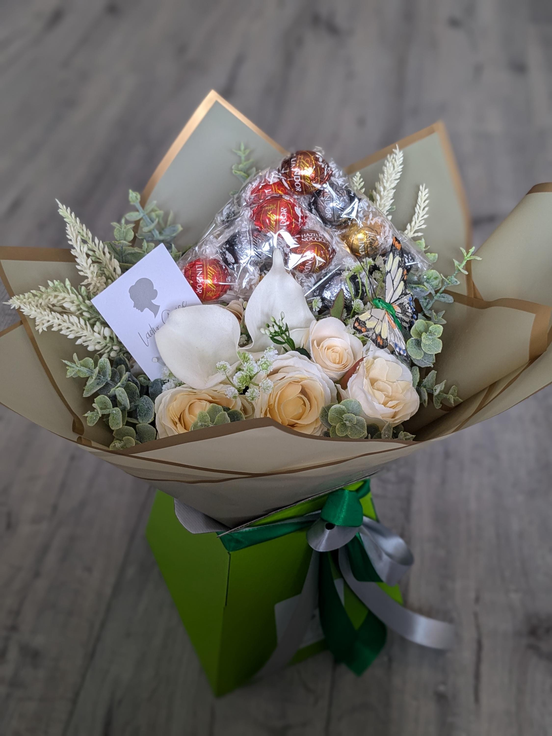Chocolate Bouquet Handtied Mixed Lindt Green Silk Flowers Bouquet Gift ...