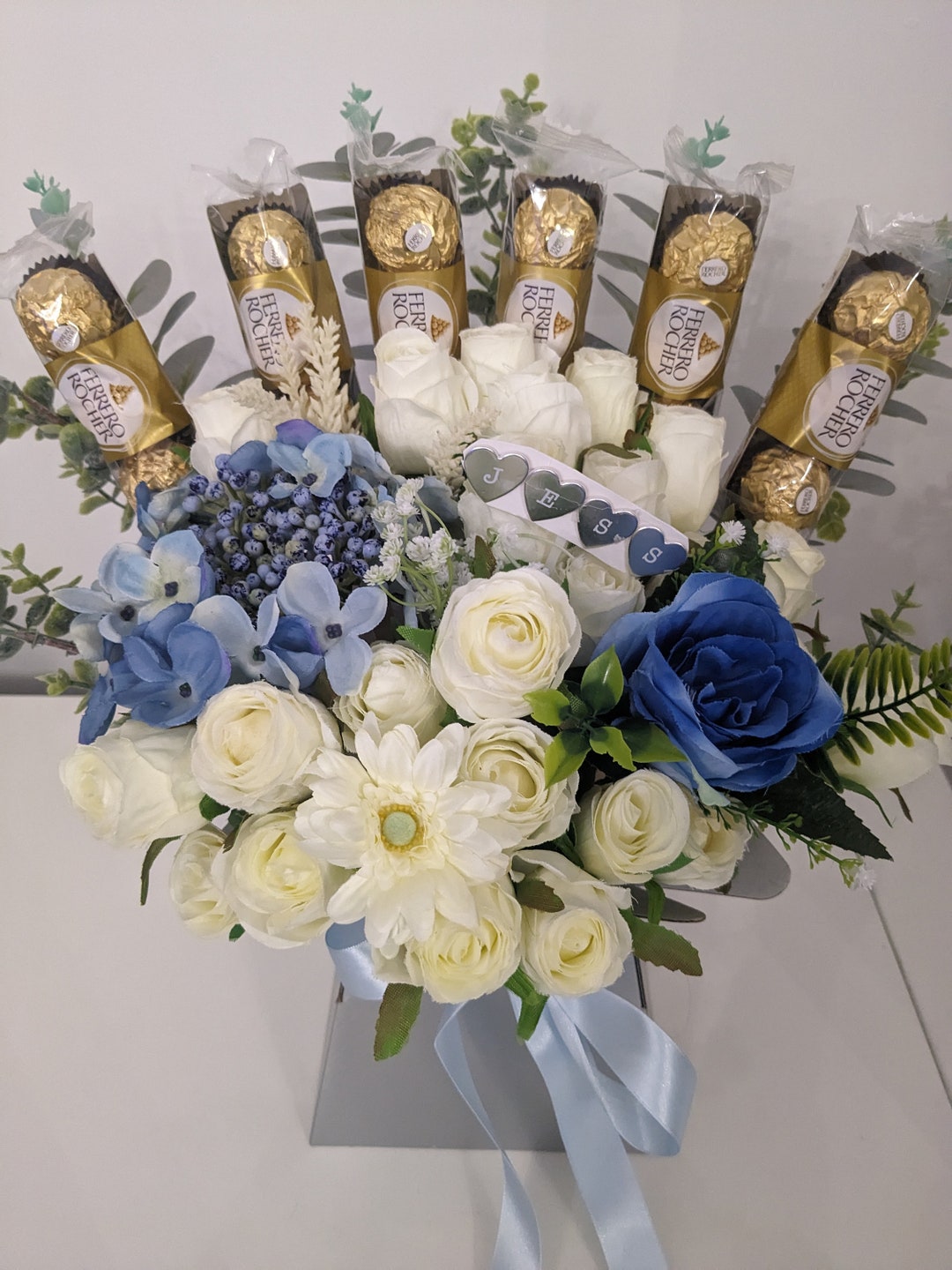 Personalised Ferrero Rocher Silver & Blue Stunning Silk Flowers Bouquet ...