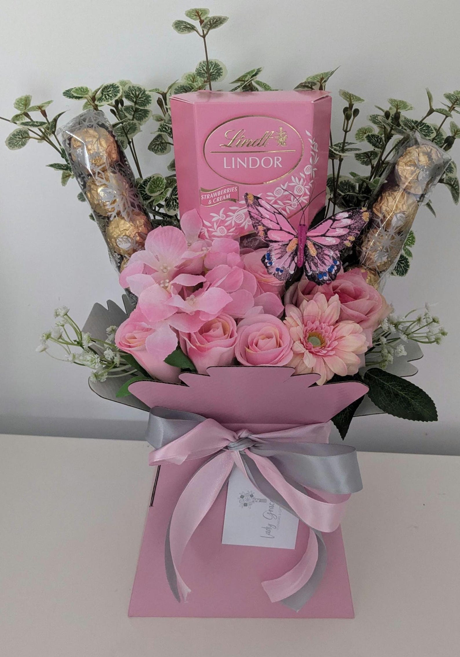 Chocolate Bouquet Pink & Cream Lindt and Ferrero Stunning Silk Flowers ...