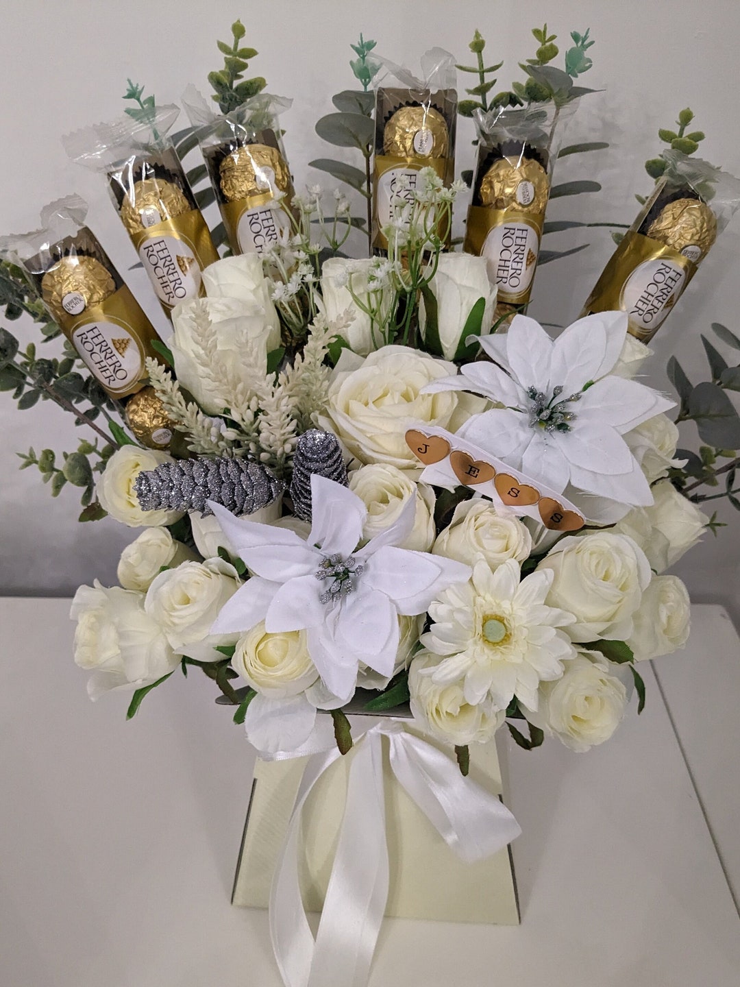 Personalised Ferrero Rocher Winter White & Silver Stunning Silk Flowers ...