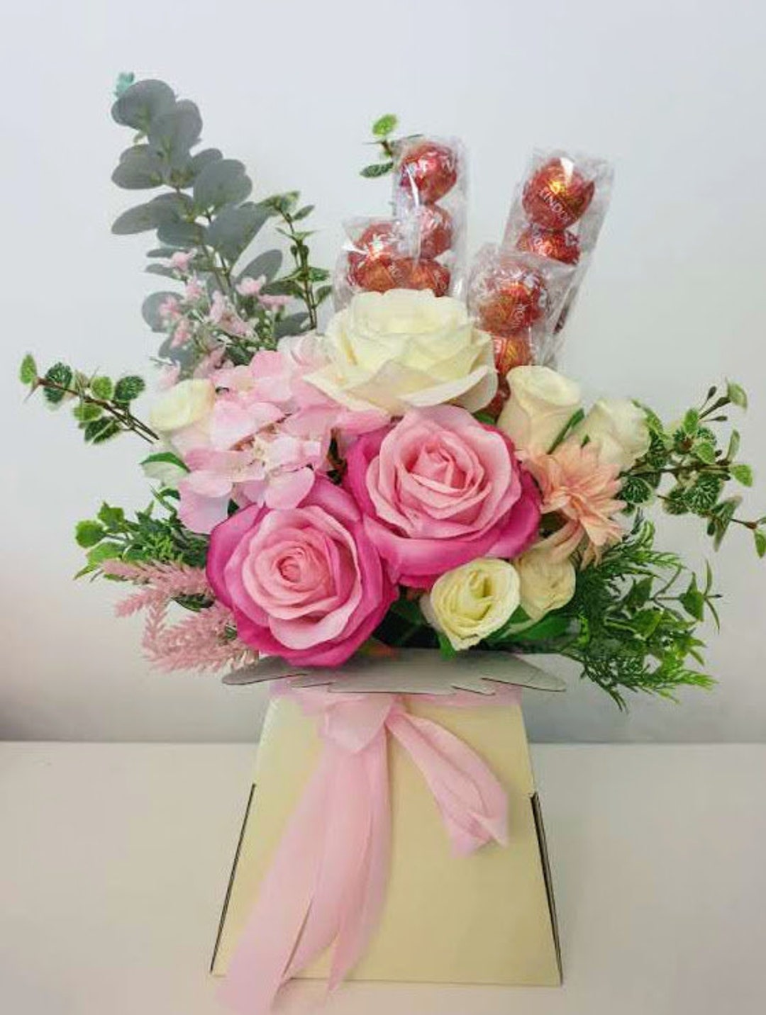 Lindt Lindor Pink & Cream Stunning Silk Flowers Bouquet Gift - Etsy