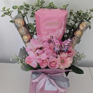 Chocolate Bouquet Pink & Cream Lindt and Ferrero Stunning Silk Flowers ...