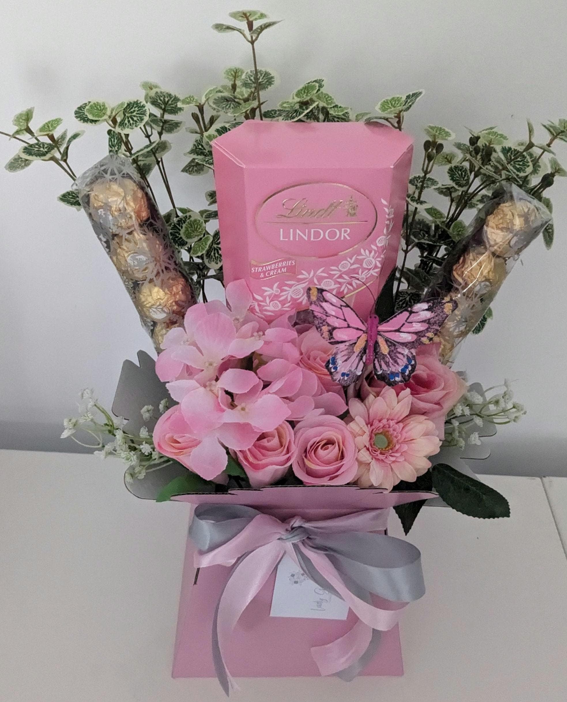 Chocolate Bouquet Pink & Cream Lindt and Ferrero Stunning Silk Flowers ...