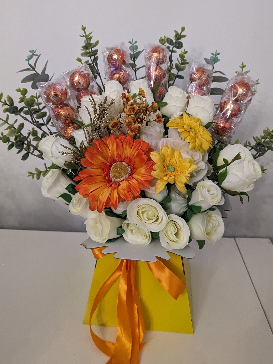 Chocolate Bouquet Lindt Lindor Yellow & Orange Stunning Silk Flowers ...