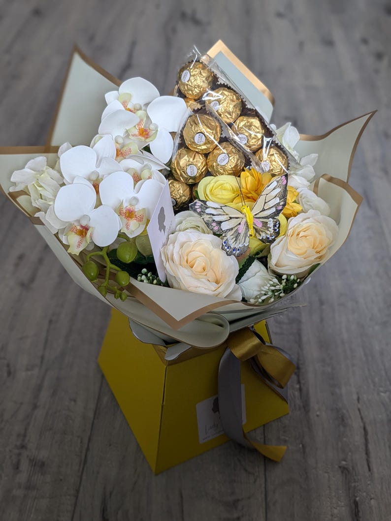 Chocolate Bouquet Handtied Ferrero Rocher Yellow Silk Flowers Bouquet ...