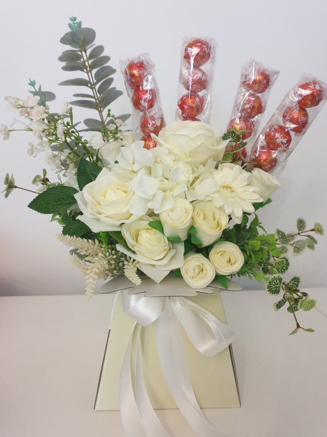 Lindt Cream Stunning Silk Flowers Bouquet Gift - Etsy UK