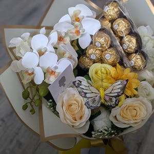 Chocolate Bouquet Handtied Ferrero Rocher Yellow Silk Flowers Bouquet ...