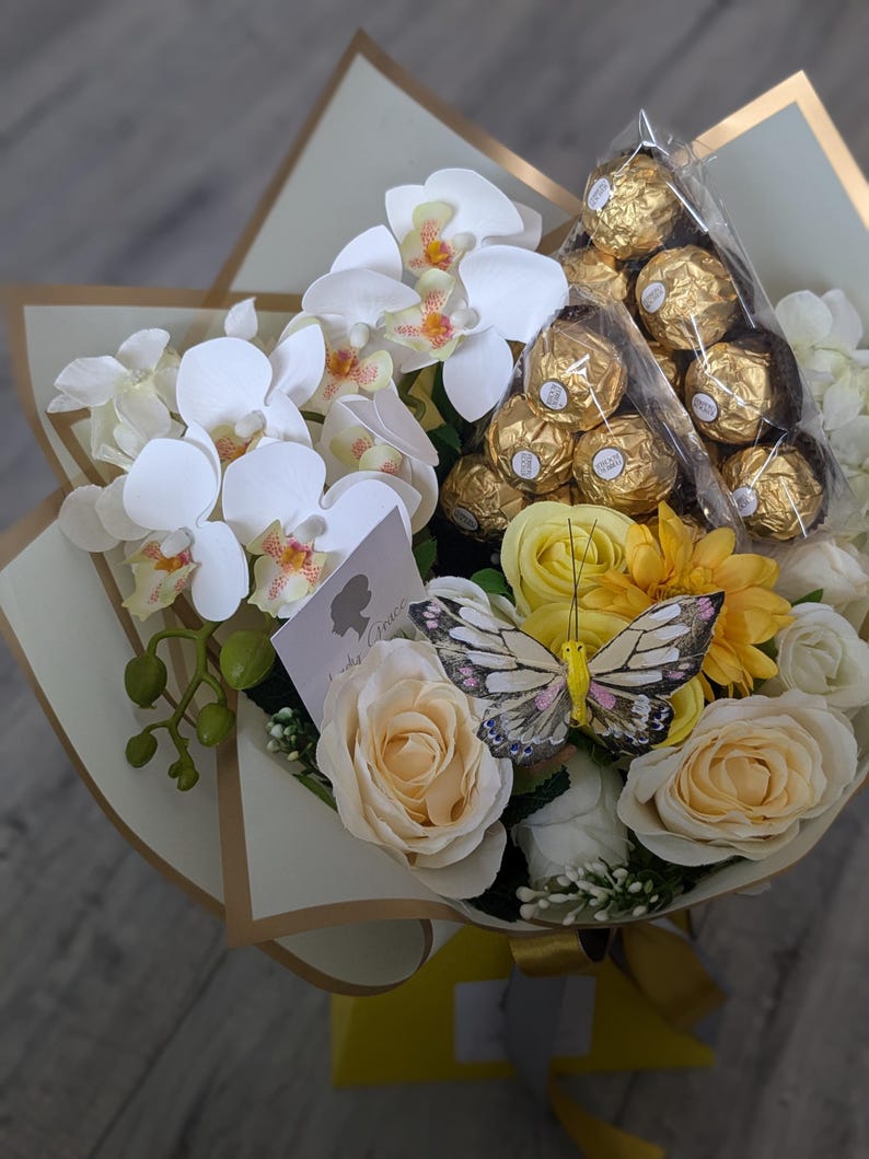 Chocolate Bouquet Handtied Ferrero Rocher Yellow Silk Flowers Bouquet ...
