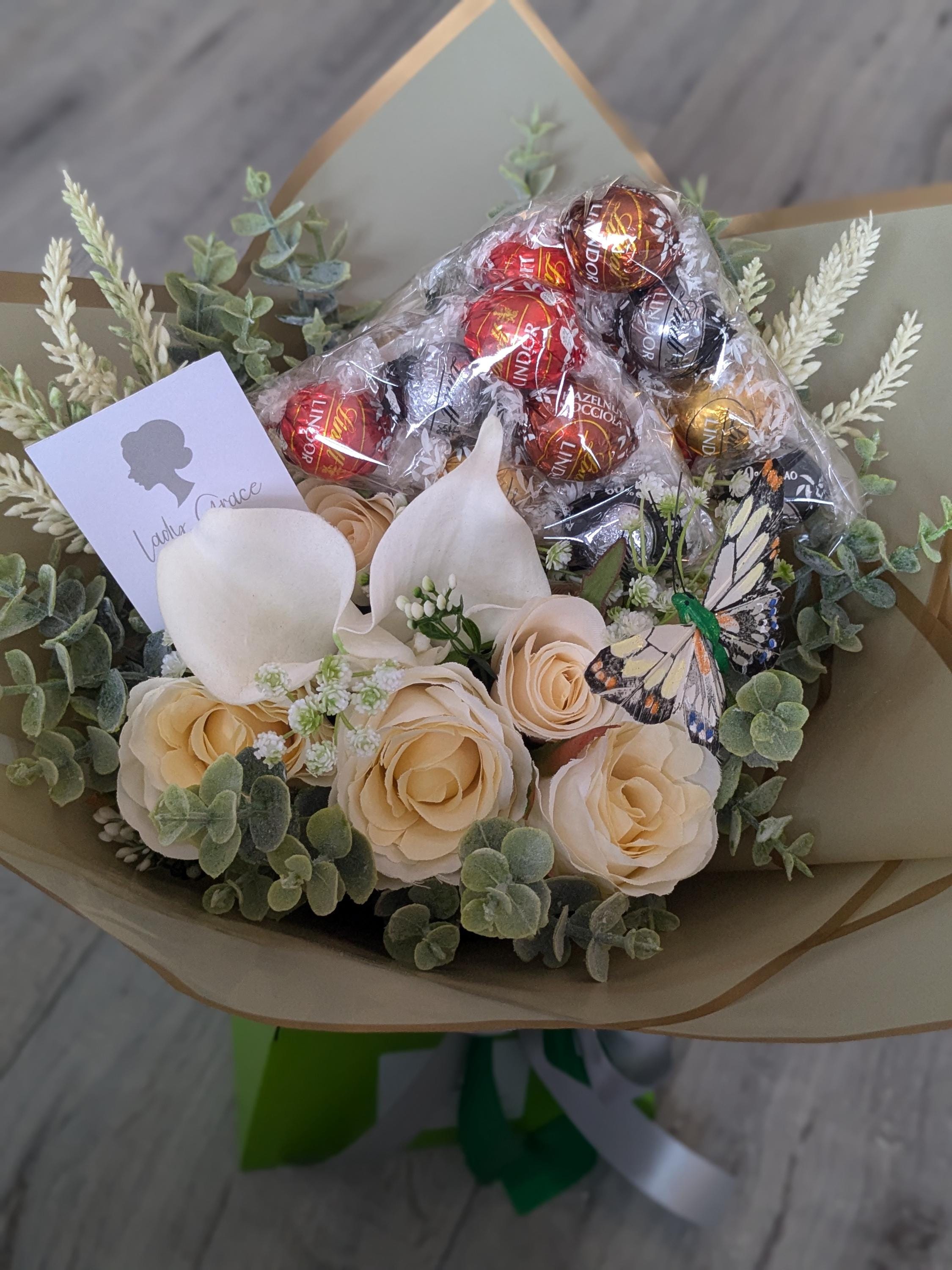 Chocolate Bouquet Handtied Mixed Lindt Green Silk Flowers Bouquet Gift ...