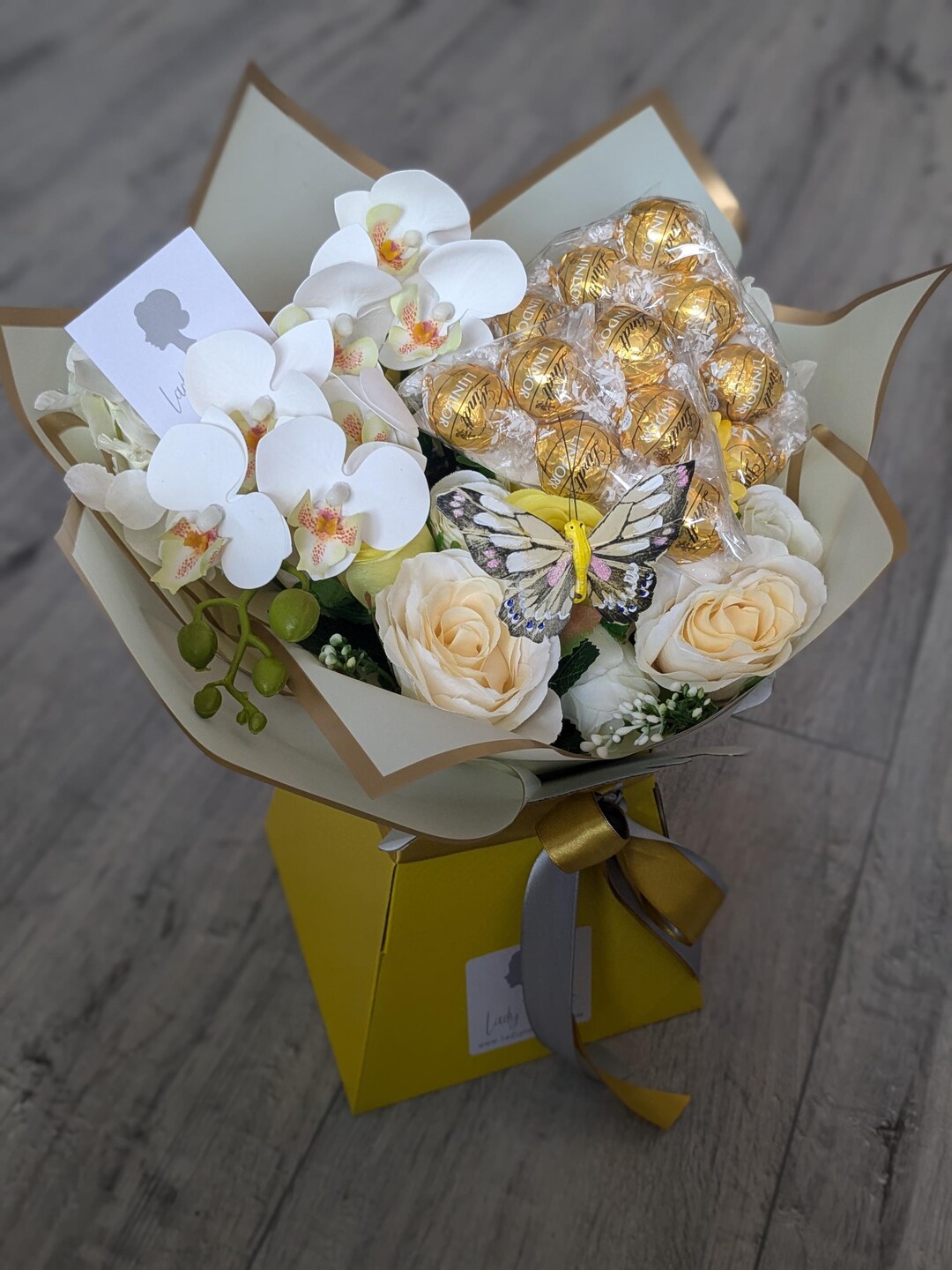 Chocolate Bouquet Handtied White Lindt Yellow Silk Flowers Bouquet Gift ...