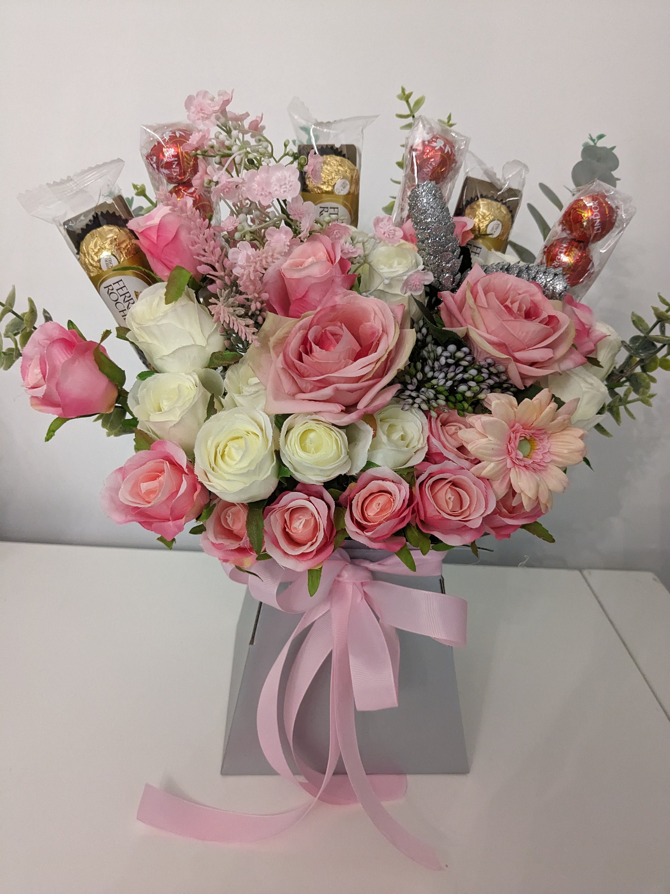Ferrero Rocher & Lindt Lindor Silver/pink Stunning Silk Flowers Bouquet ...