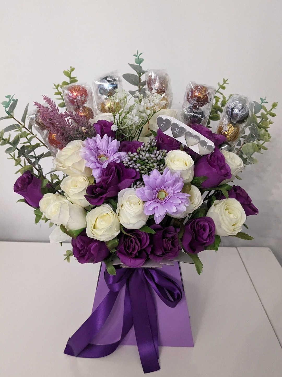 Personalised Lindt Lindor Purple & Cream Stunning Silk Flowers Bouquet ...
