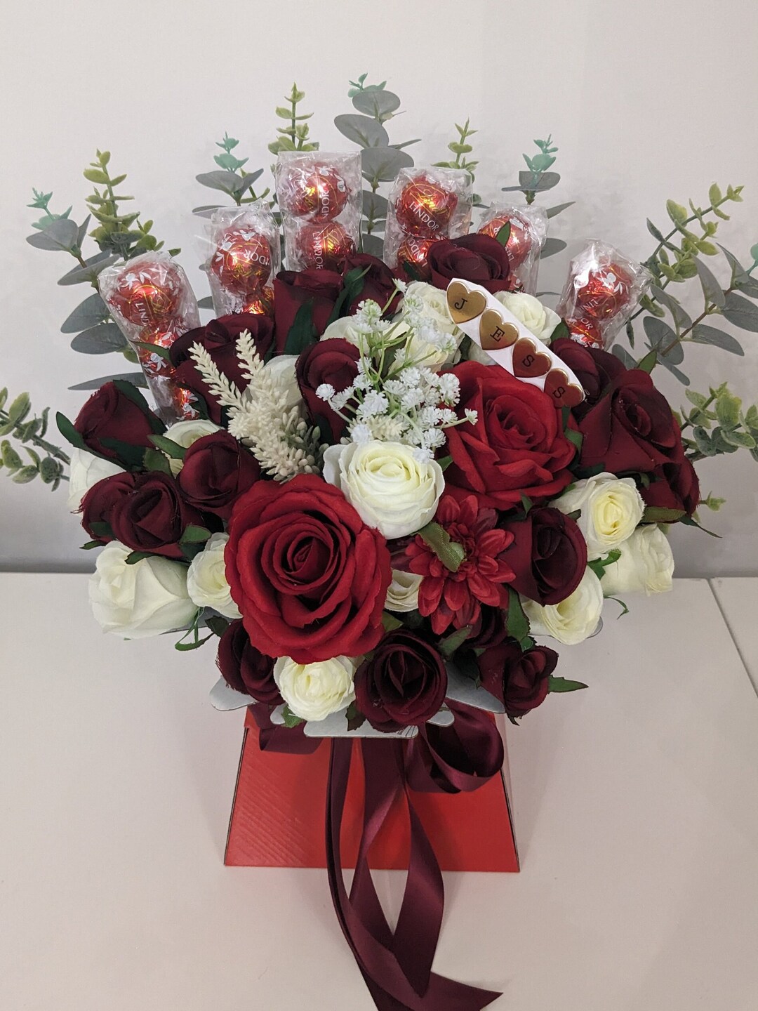 Personalised Lindt Red & Cream Stunning Silk Flowers Bouquet Gift - Etsy