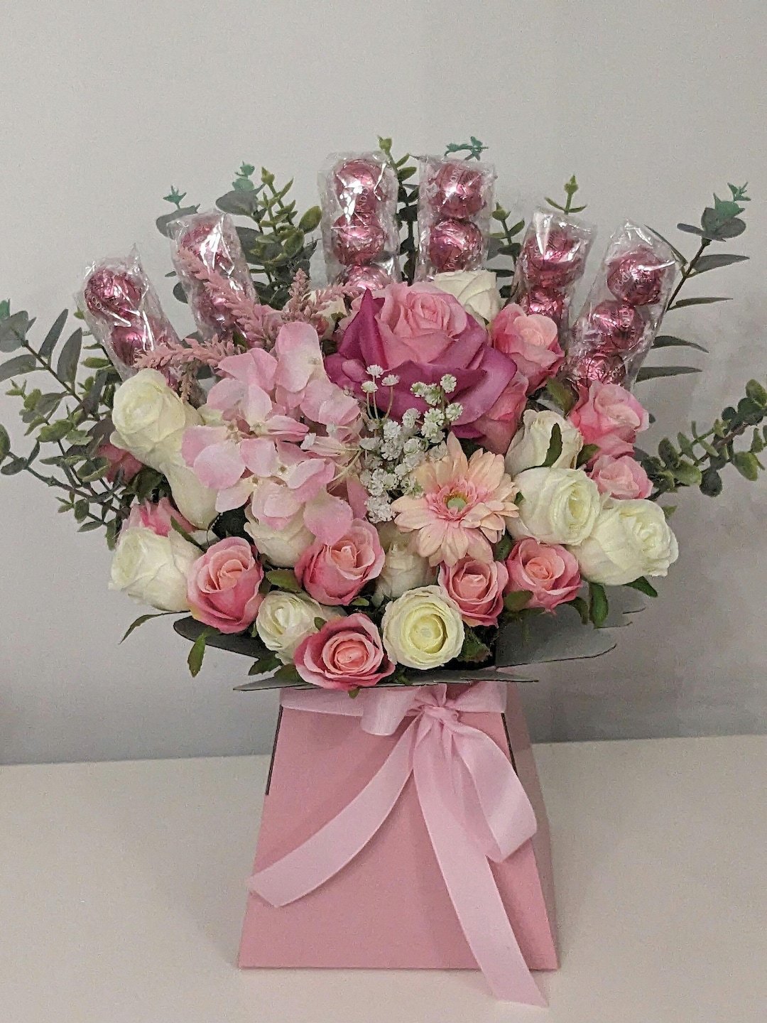Chocolate Bouquet Lindt Lindor Pink & Cream Stunning Silk Flowers ...