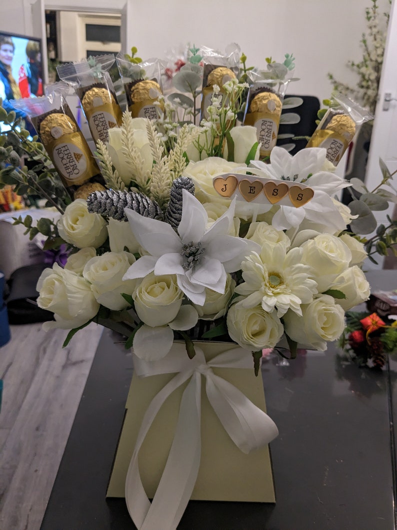 Personalised Ferrero Rocher Winter White & Silver Stunning Silk Flowers ...