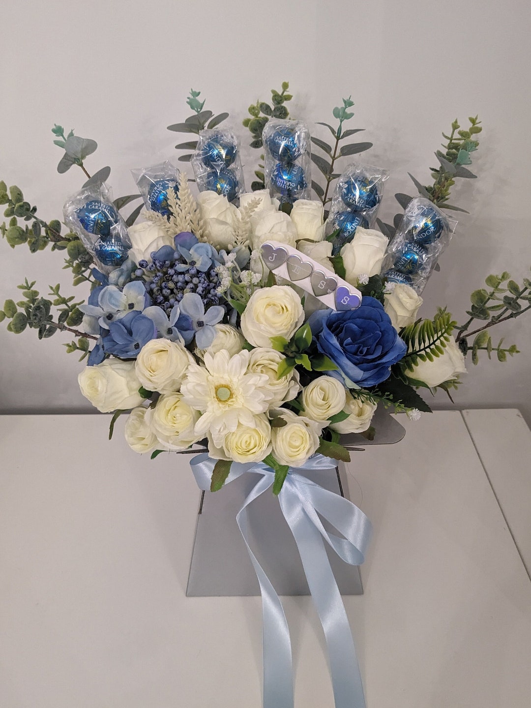 Personalised Lindt Lindor Silver Cream & Blue Stunning Silk Flowers ...