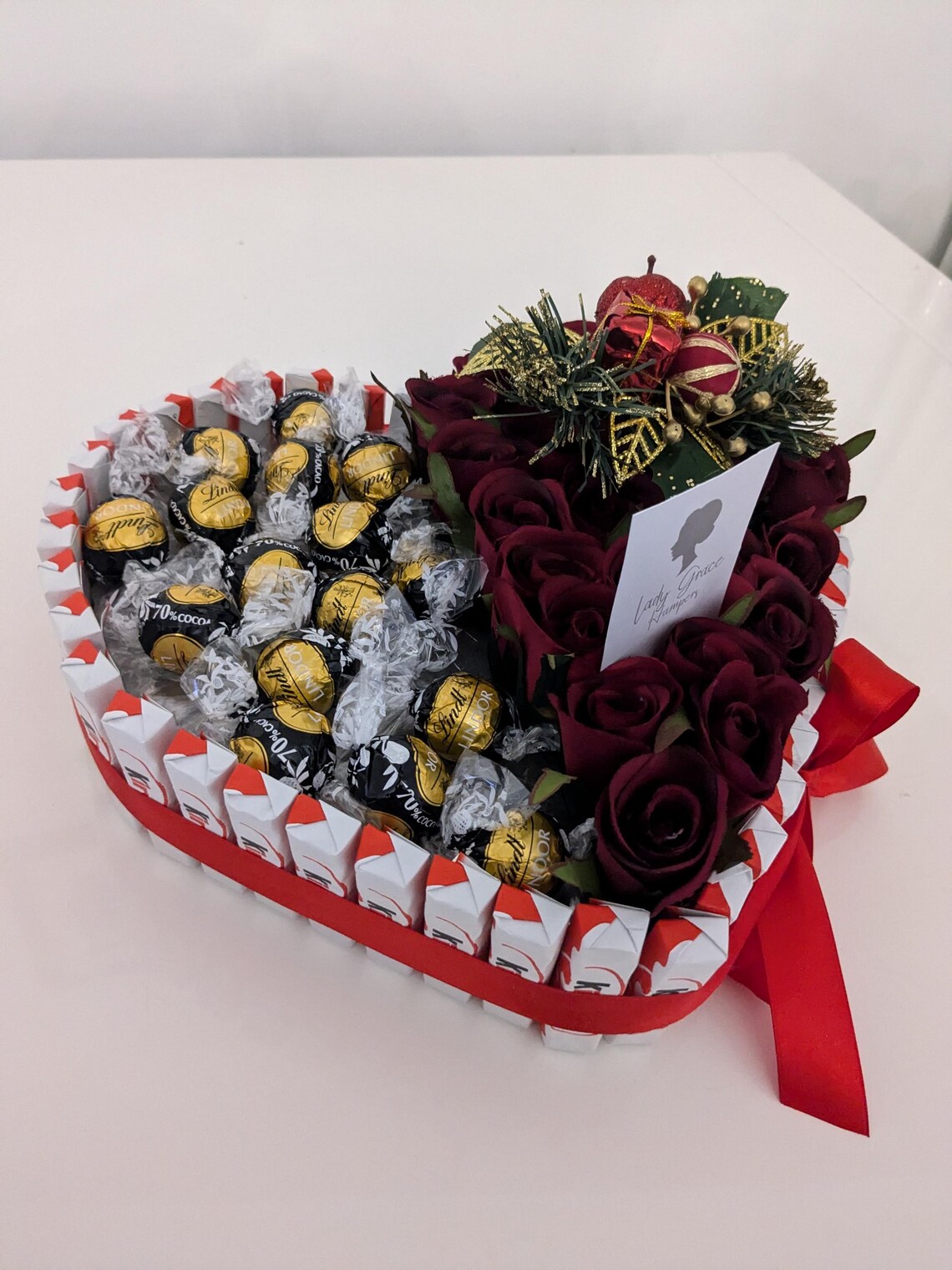 Kinder Heart Dark Lindt Stunning Christmas Silk Flowers Gift Hamper - Etsy