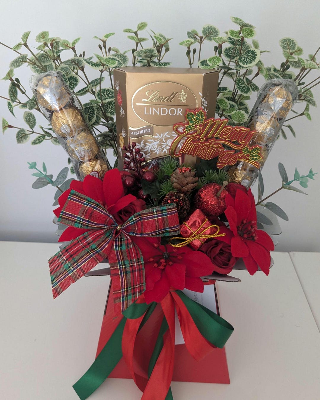 Chocolate Bouquet Red & Gold Lindt and Ferrero Stunning Silk Flowers ...