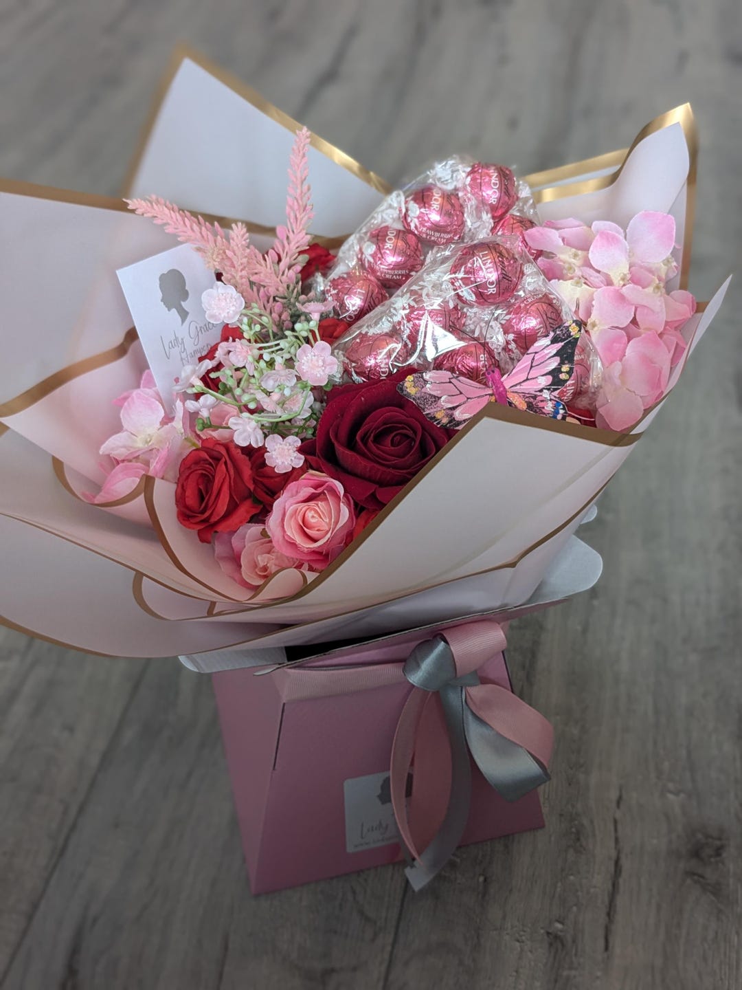 Chocolate Bouquet Handtied Strawberry & Cream Lindt Pink Silk Flowers ...