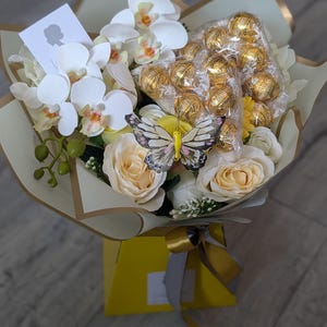 Chocolate Bouquet Handtied White Lindt Yellow Silk Flowers Bouquet Gift ...
