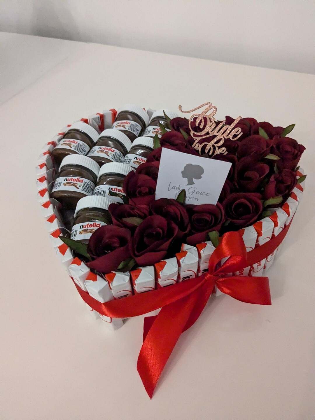 Chocolate Kinder Nutella & Silk Flowers Heart Bride to Be Gift Hamper ...