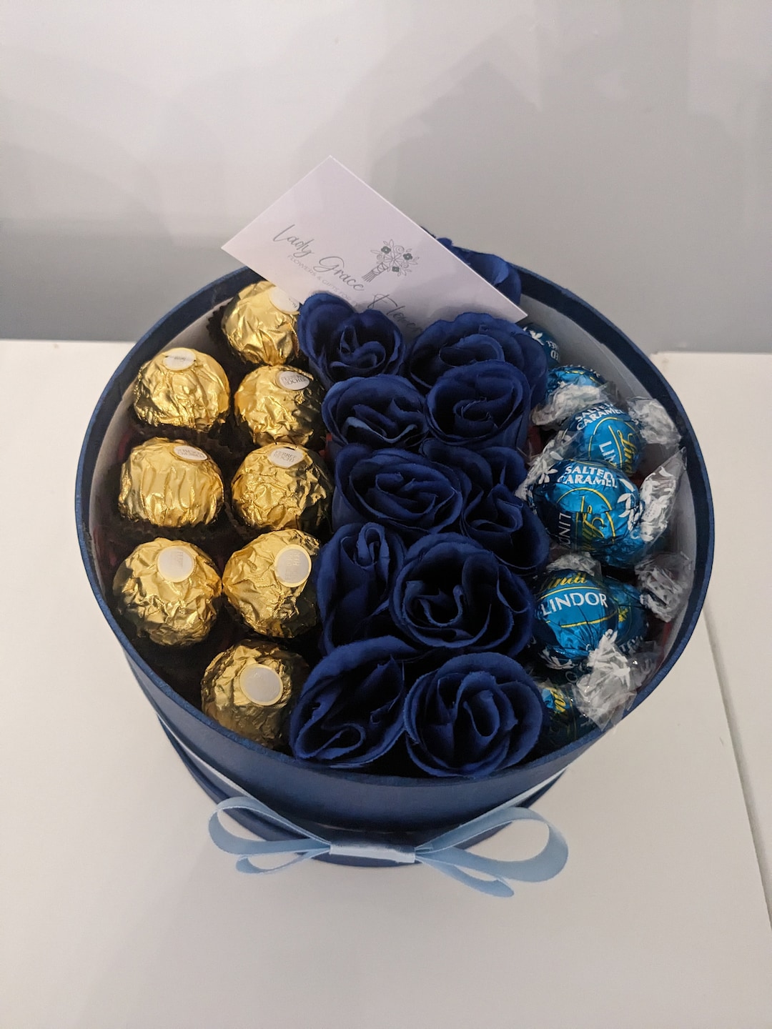Blue Ferrero Rocher & Lindt Silk Flowers Hat Box Gift - Etsy