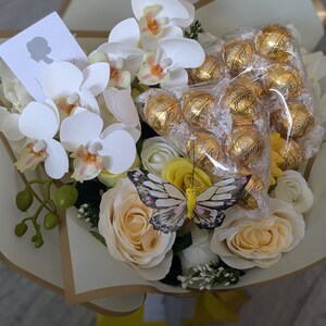 Chocolate Bouquet Handtied White Lindt Yellow Silk Flowers Bouquet Gift ...